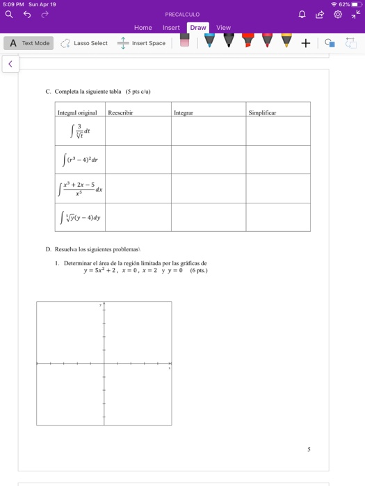 Solved 5:09 PM Sun Apr 19 PRECALCULO Home Insert Draw 1 | Chegg.com