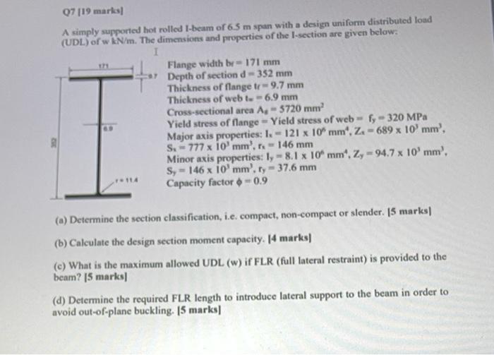 Solved Q7 [19 marks] A simply supported hot rolled I-beam of | Chegg.com