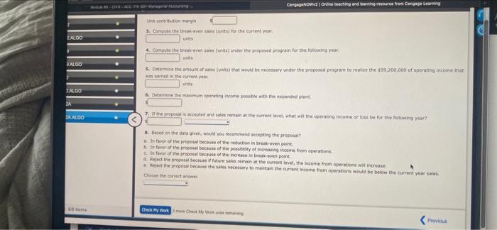 Solved ALGO 3.ALGO ។ 2.ALGO Break Even Sales Under Present | Chegg.com