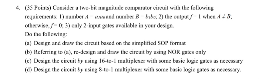 Solved (35 ﻿Points) ﻿Consider a two-bit magnitude comparator | Chegg.com