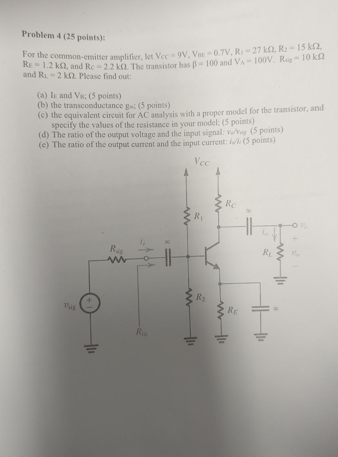 Solved Problem 4 (25 points): For the common-emitter | Chegg.com