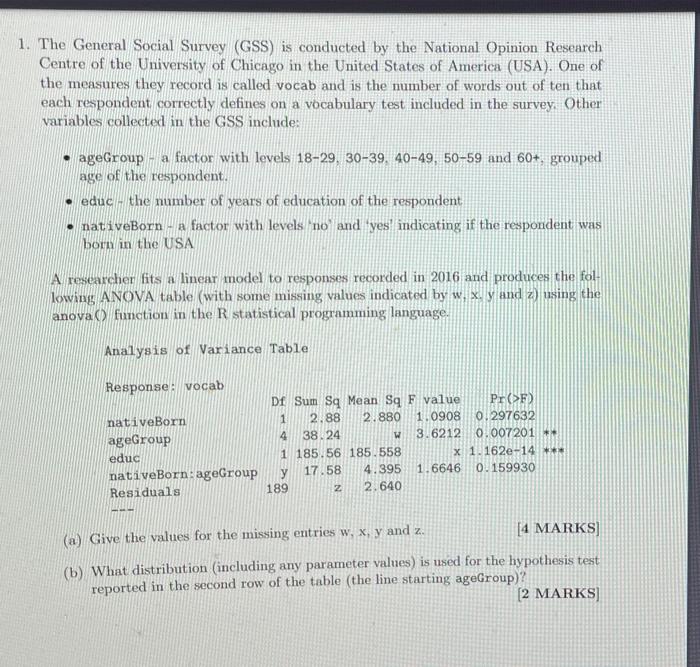 Solved 1. The General Social Survey (GSS) is conducted by | Chegg.com