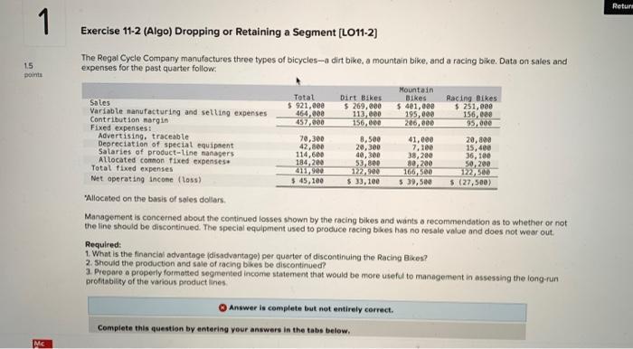 Solved Exercise 11-2 (Algo) Dropping or Retaining a Segment | Chegg.com