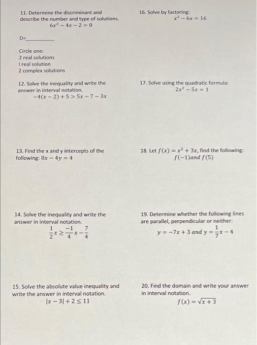 Solved 11. Determine the discriminant and describe the | Chegg.com