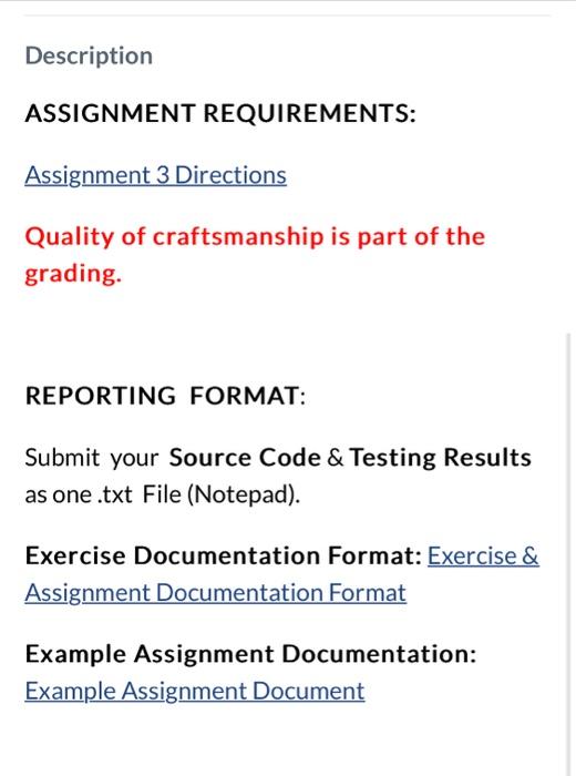 Solved Description ASSIGNMENT REQUIREMENTS: Assignment 3 | Chegg.com