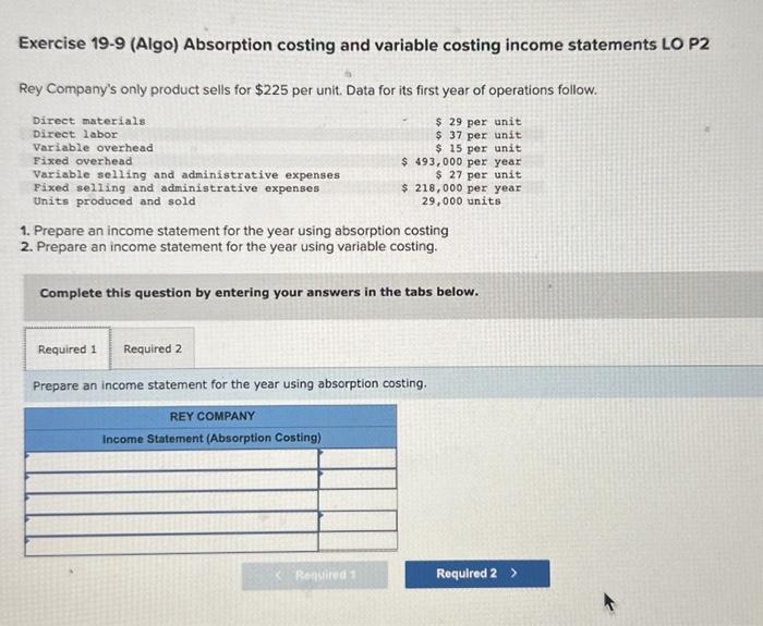 Solved Exercise 19-9 (Algo) Absorption costing and variable | Chegg.com