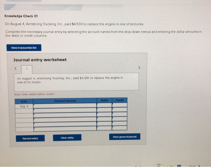 Solved Knowledge Check 01 On August 4. Armstrong Trucking, | Chegg.com