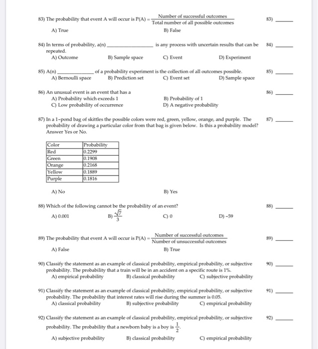 Solved Number of successful outcomes 83) The probability | Chegg.com Solved Number of successful outcomes 83) The probability | Chegg.com