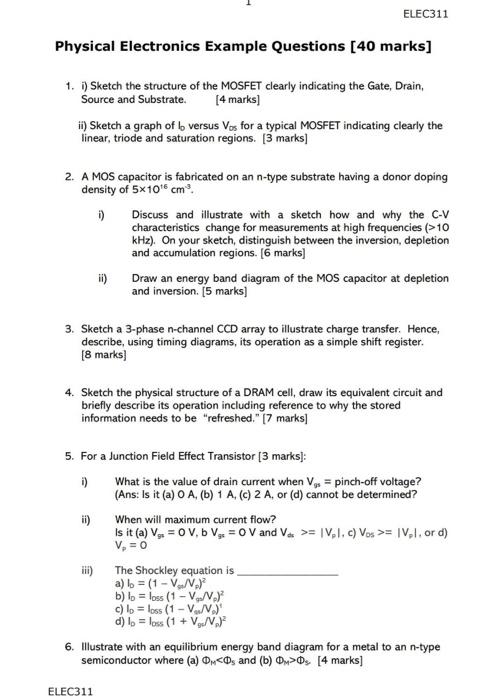 Solved Physical Electronics Example Questions [40 marks] 1. | Chegg.com