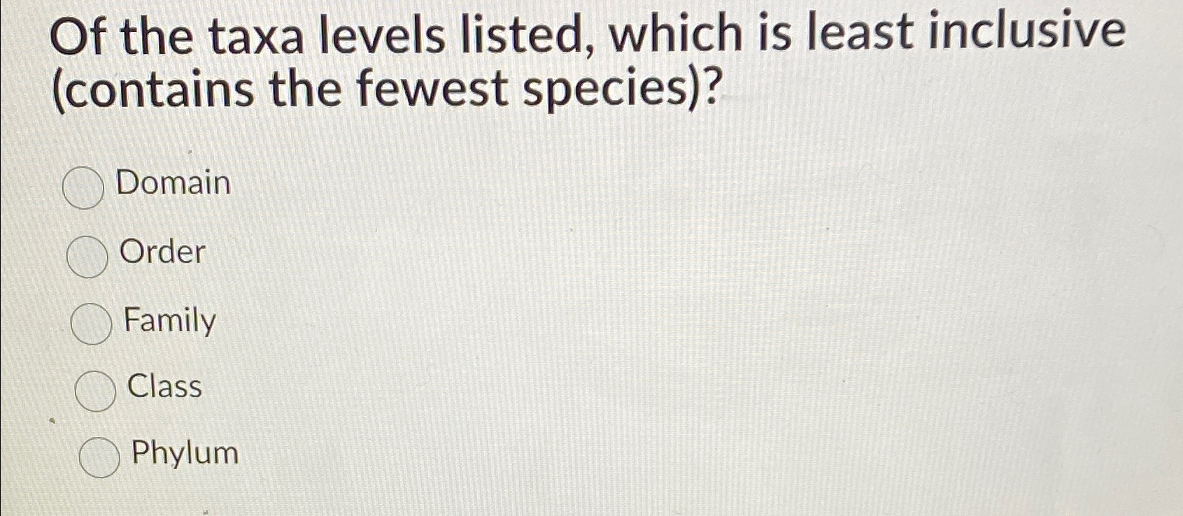 Solved Of the taxa levels listed, which is least inclusive | Chegg.com