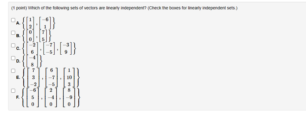 Solved (1 ﻿point) ﻿Which of the following sets of vectors | Chegg.com