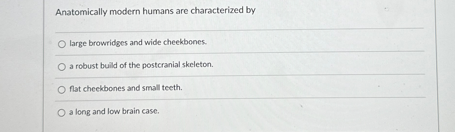 Solved Anatomically modern humans are characterized | Chegg.com