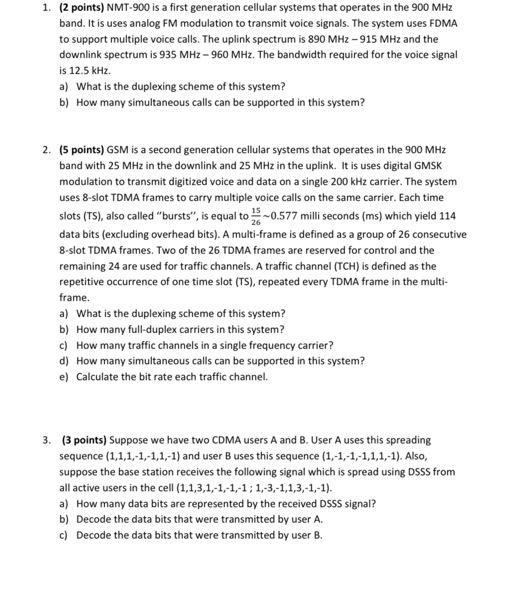 Solved (2 ﻿points) ﻿NMT-900 ﻿is a first generation cellular | Chegg.com