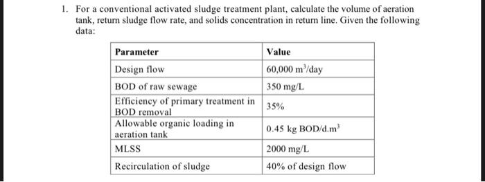 Solved 1. For a conventional activated sludge treatment | Chegg.com