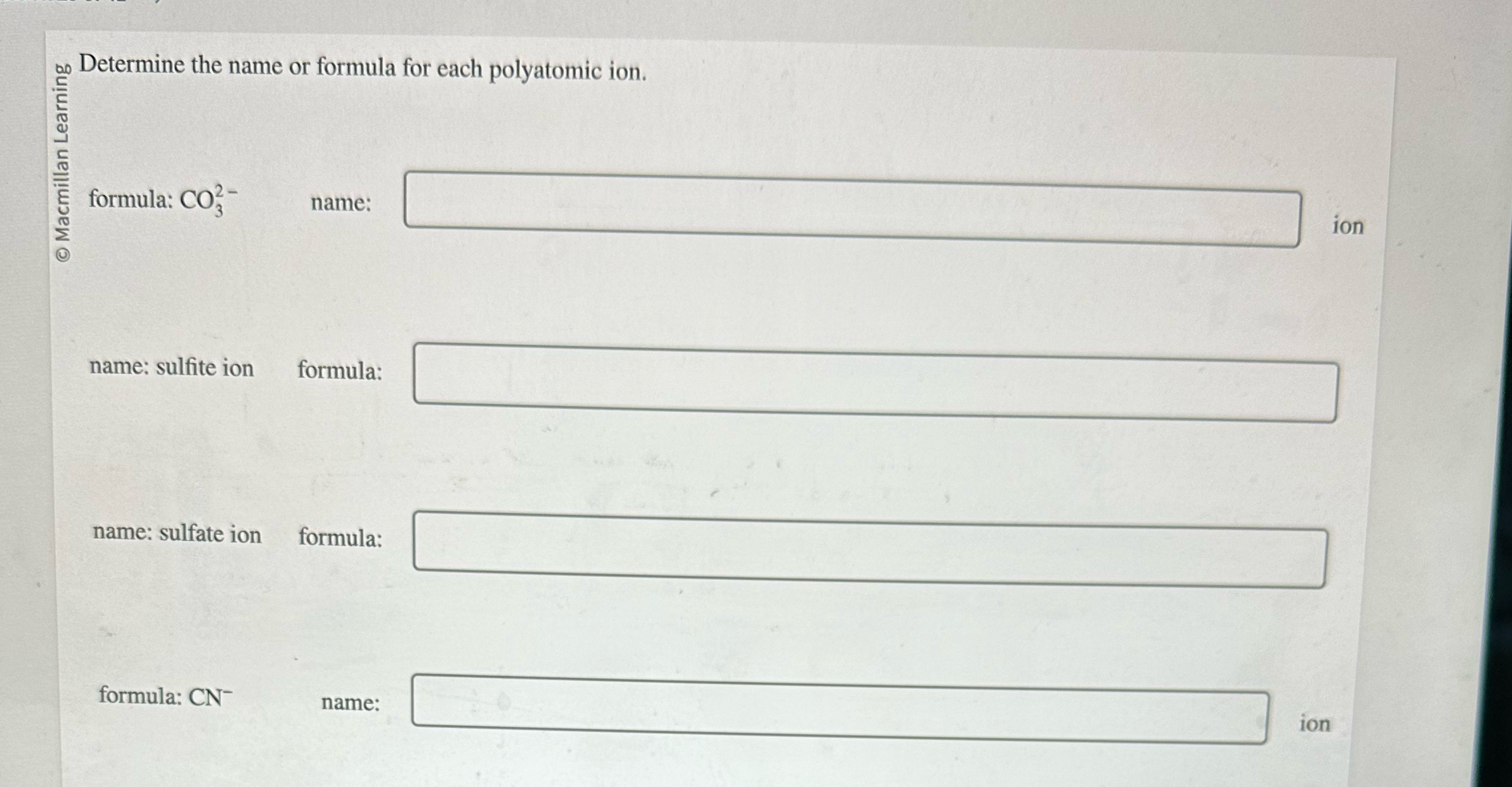 Solved bo Determine the name or formula for each polyatomic | Chegg.com