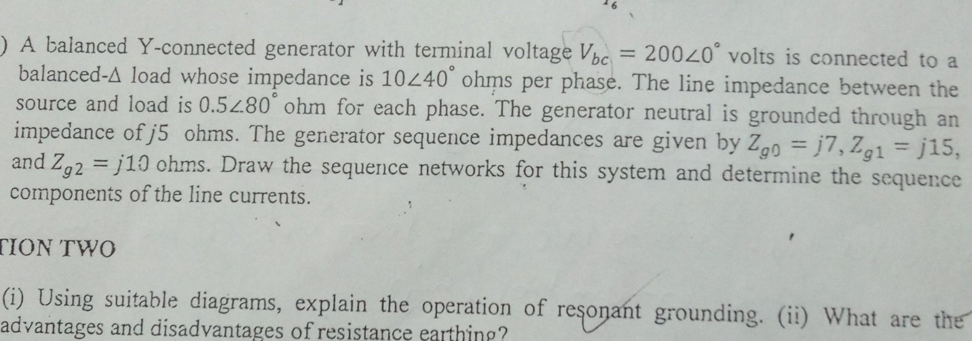 Solved A balanced Y-connected generator with terminal | Chegg.com