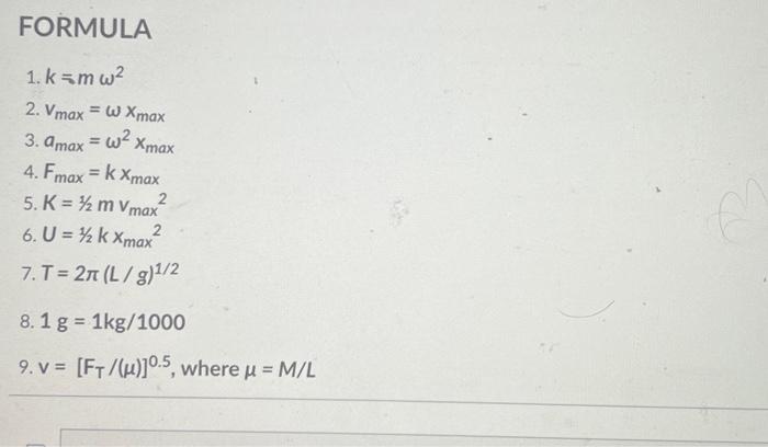 Solved FORMULA 1. k=mω2 2. vmax =ωxmax 3. amax=ω2xmax 4. | Chegg.com