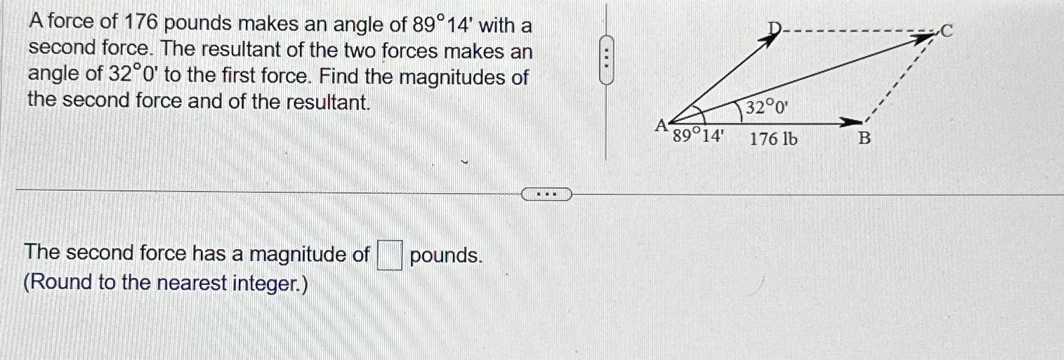 Solved A force of 176 ﻿pounds makes an angle of 89°14' ﻿with | Chegg.com