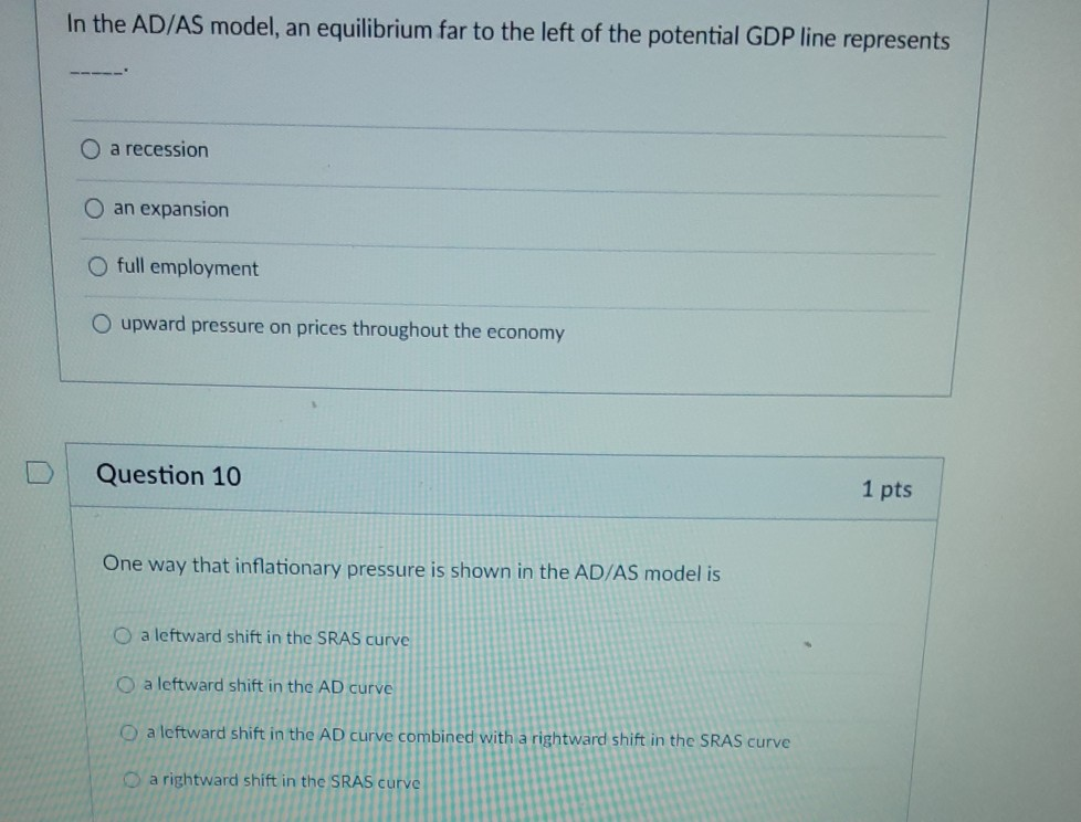 Solved In the AD/AS model, an equilibrium far to the left of | Chegg.com