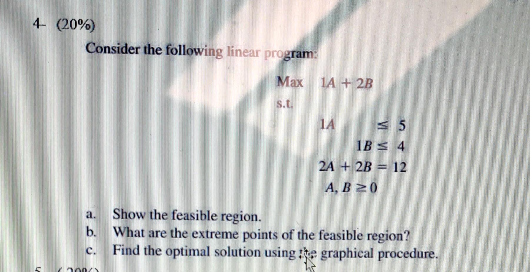 Solved 4 (20%) Consider the following linear program: Max 1A | Chegg.com