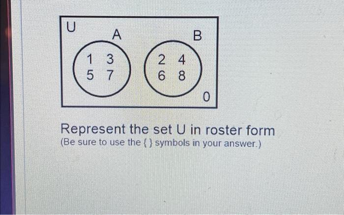 Solved U A 1 3 5 7 2 4 68 B 0 Represent the set U in roster | Chegg.com