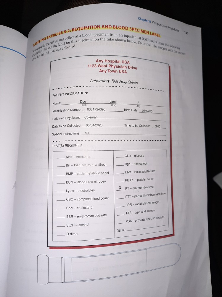 Solved LABELING EXERCISE 8-2: REQUISITION AND BLOOD SPECIMEN | Chegg.com