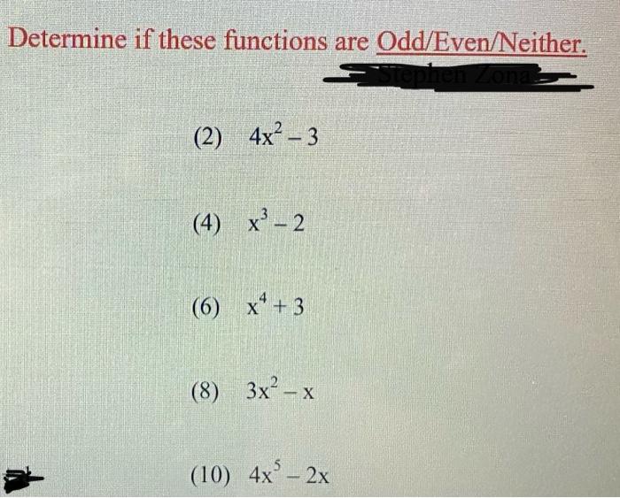 Solved Determine if these functions are Odd/ Even/Neither. | Chegg.com