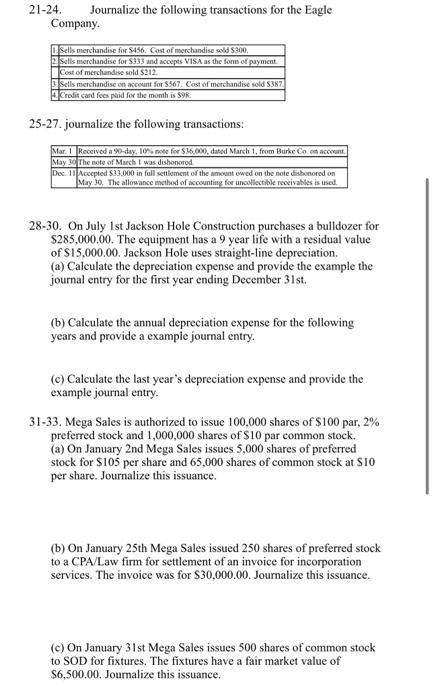 21-24. Journalize the following transactions for the | Chegg.com