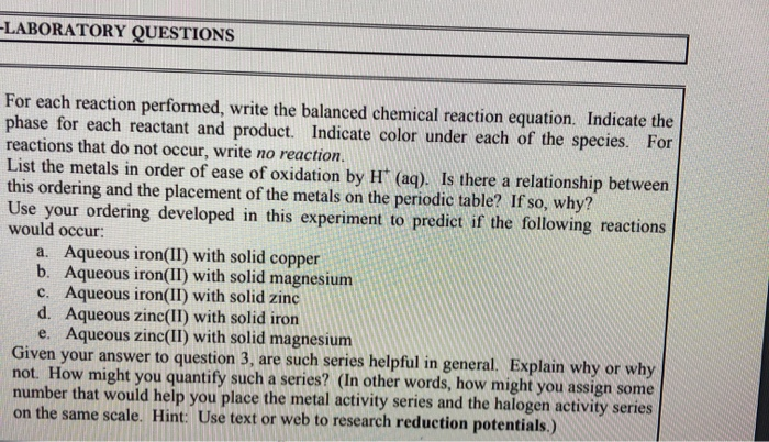 Solved TABLE: Reaction 1: iron powder with 6 M HCI Reaction | Chegg.com