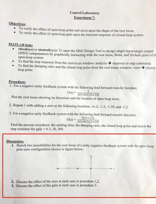 Solved Control Laboratory Experiment 7 Objectives: To verify | Chegg.com