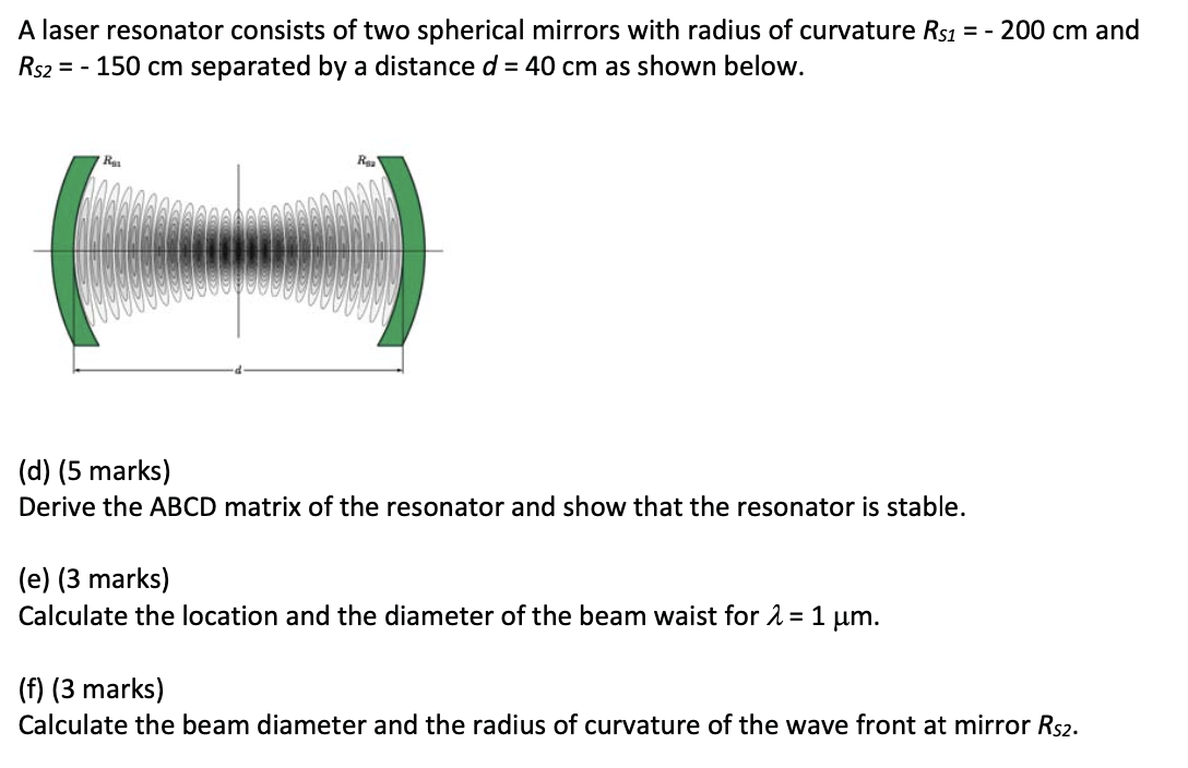 [Solved]: A laser resonator consists of two spherical mirro