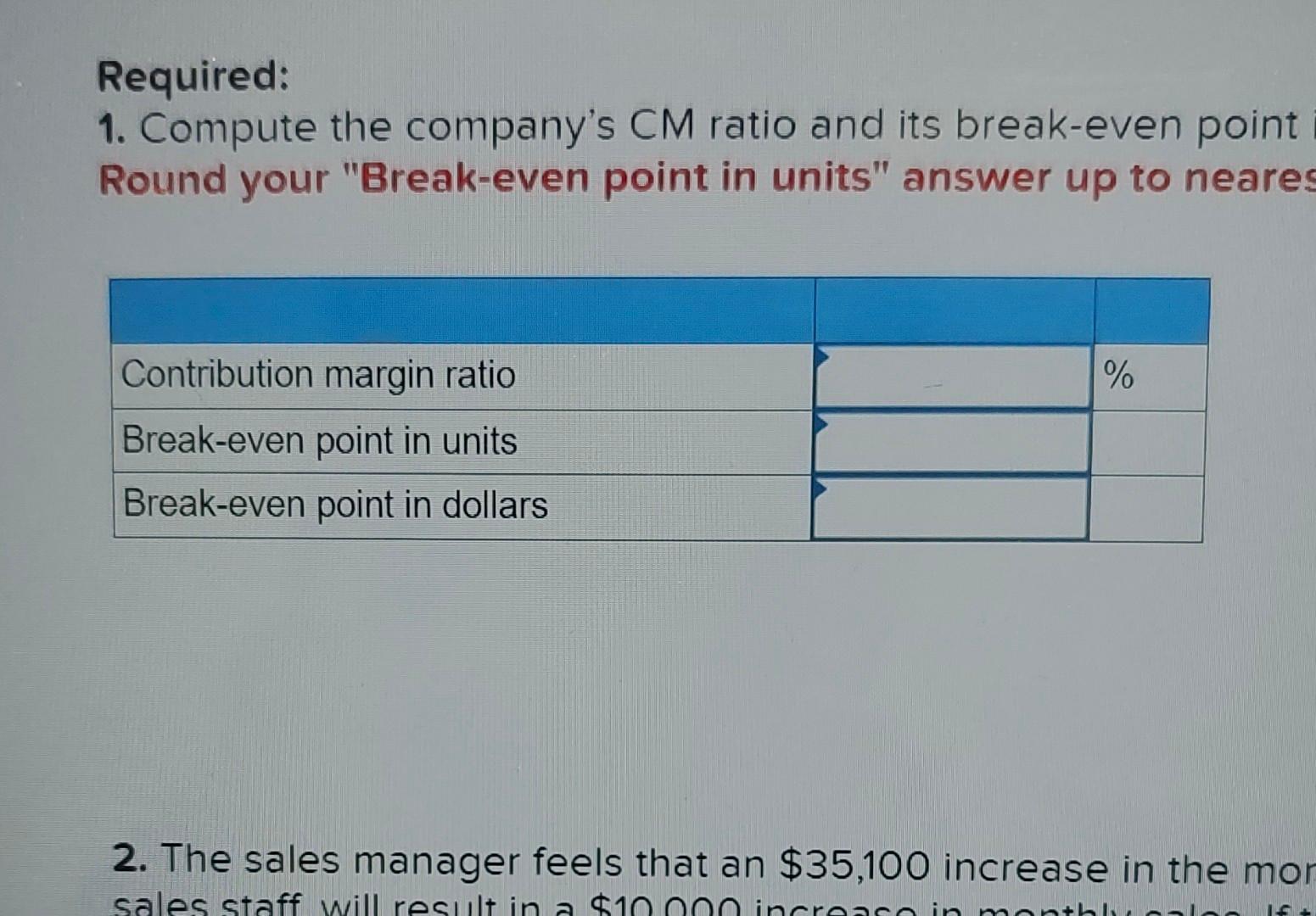 Required: 1. Compute the company's CM ratio and its | Chegg.com