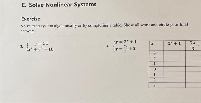 Solved E. Solve Nonlinear Systems Exercise Solve each system | Chegg.com