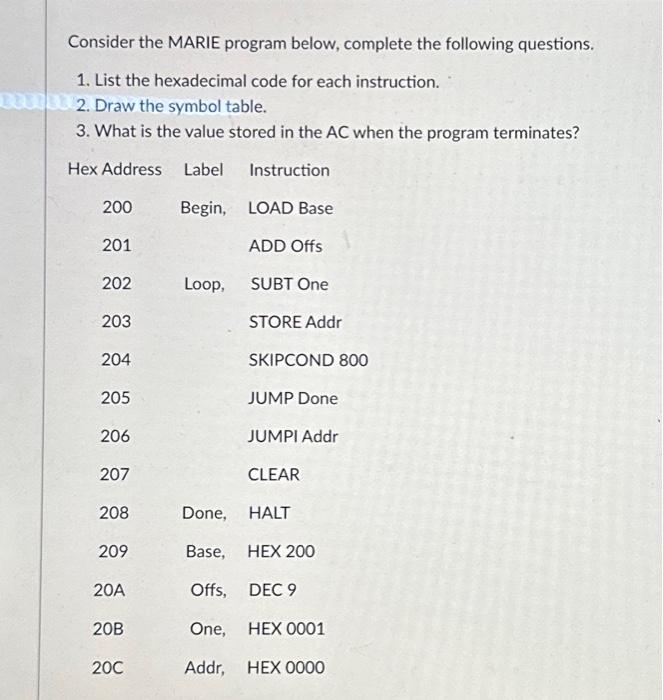 Solved Consider the MARIE program below, complete the | Chegg.com