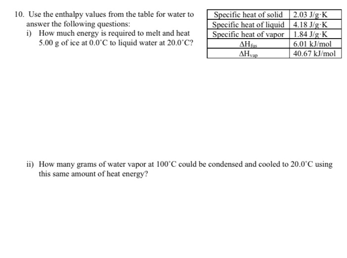 Solved 10. Use the enthalpy values from the table for water | Chegg.com