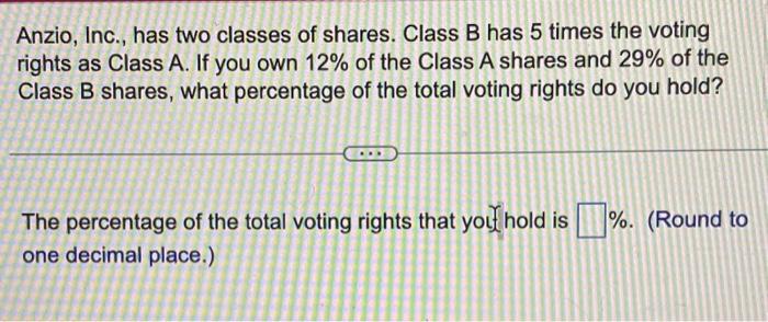 Solved Anzio, Inc., has two classes of shares. Class B has 5 | Chegg.com