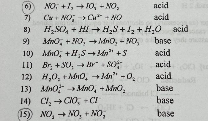 Solved 6) NO3−+I2→IO3−+NO2 acid 7) Cu+NO3−→Cu2++NO acid 8) | Chegg.com