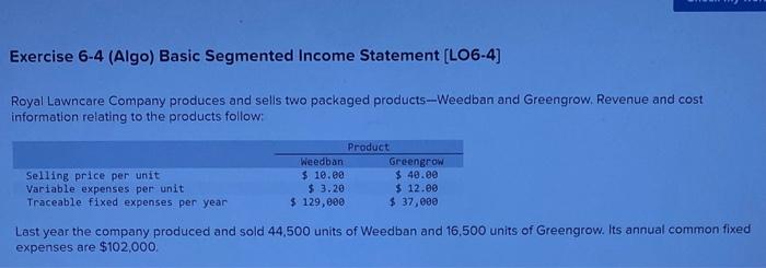 Solved Exercise 6-4 (Algo) Basic Segmented Income Statement | Chegg.com