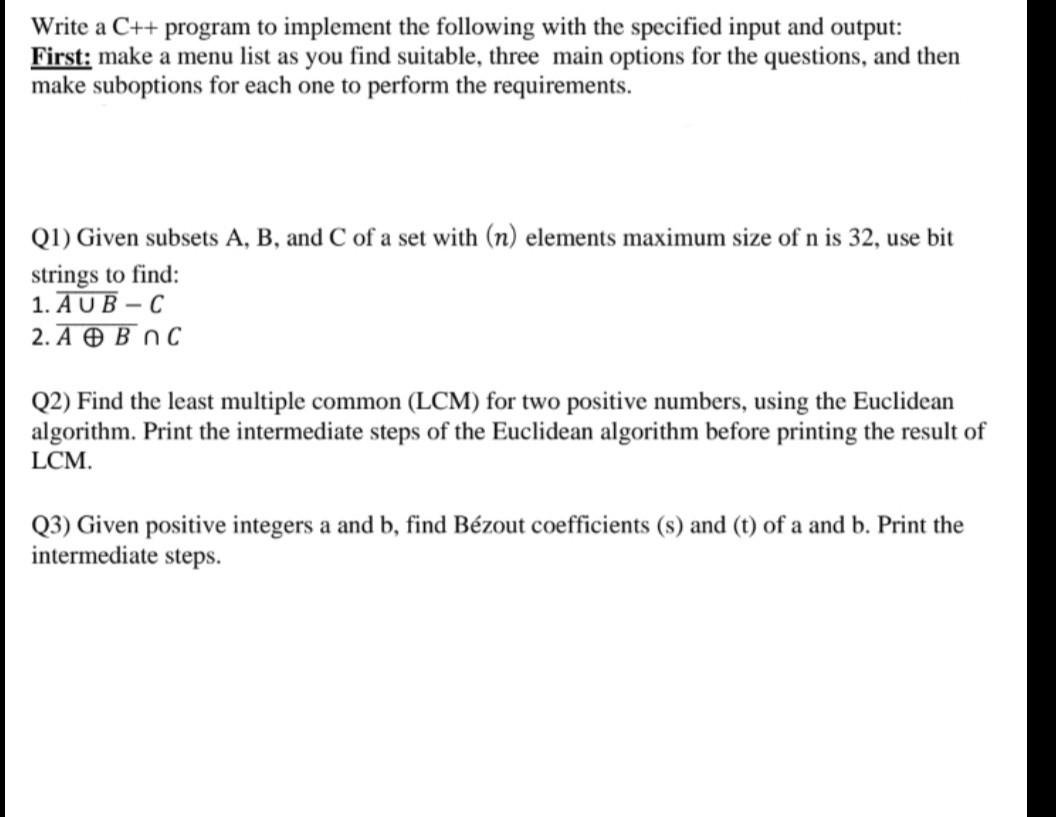 Write a C++ program to implement the following with | Chegg.com