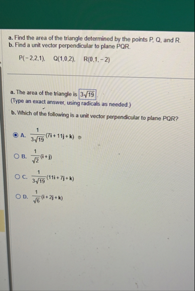 Solved a. ﻿Find the area of the triangle determined by the | Chegg.com