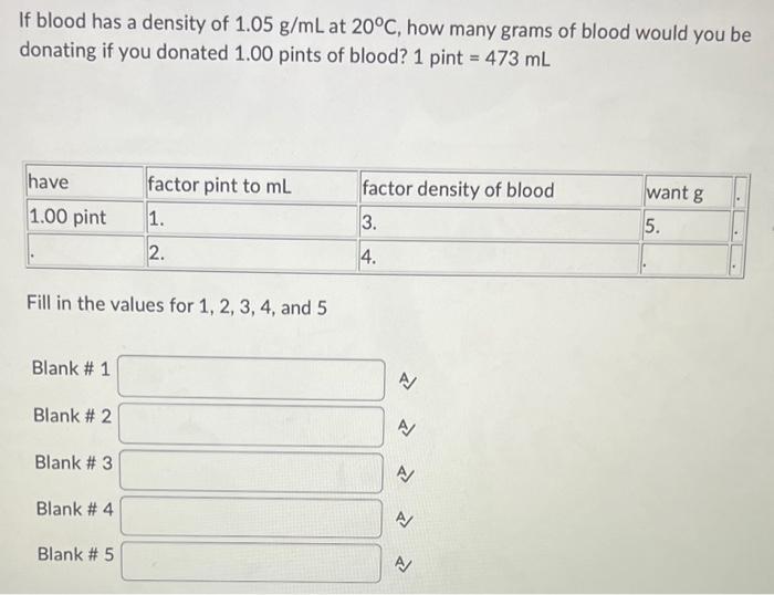Solved If blood has a density of 1.05 g/mL at 20∘C, how many | Chegg.com