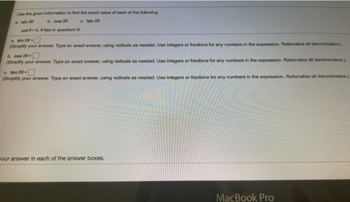 Solved Use the information to find the exact value of each | Chegg.com