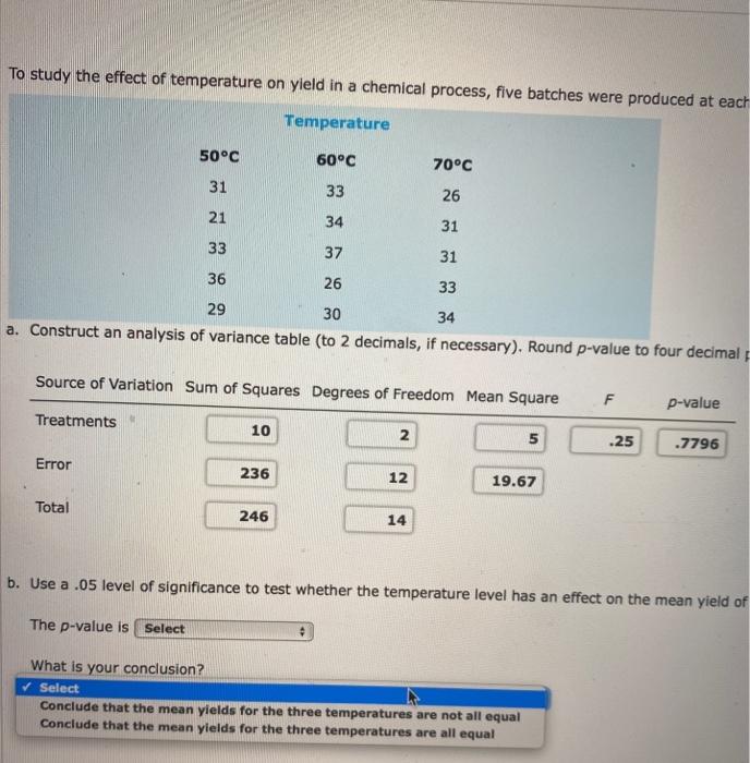 Solved To study the effect of temperature on yield in a | Chegg.com