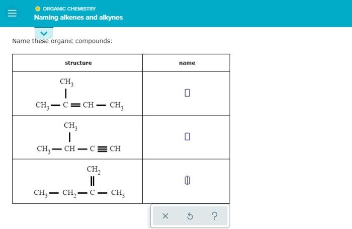Solved ORGANIC CHEMISTRY Naming alkenes and alkynes Name | Chegg.com