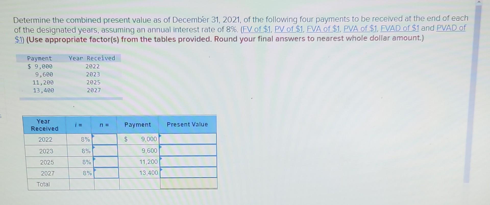 Solved Determine the combined present value as of December | Chegg.com