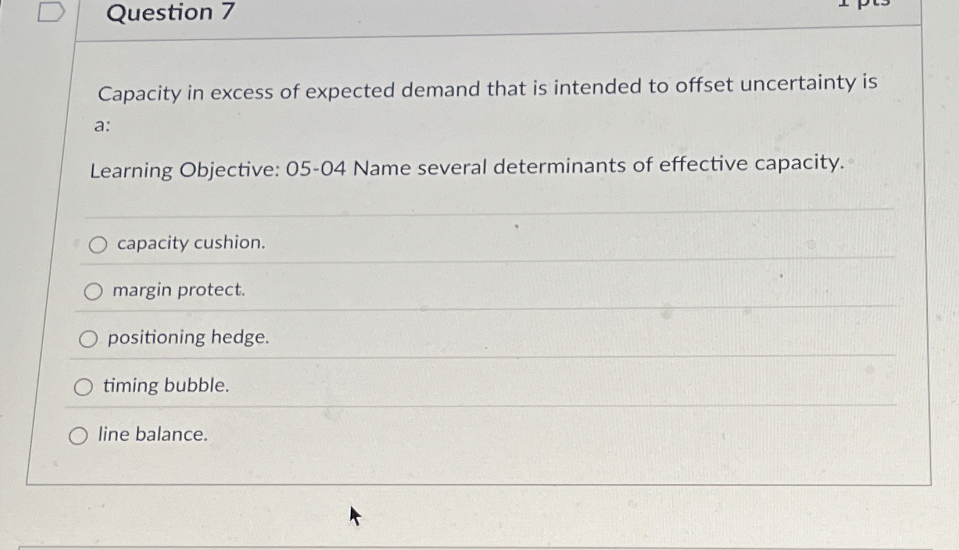Solved Question 7Capacity in excess of expected demand that | Chegg.com