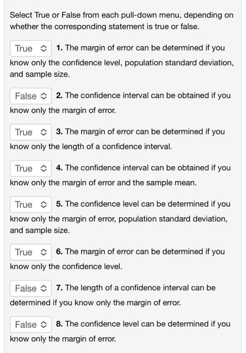 Solved Select True or False from each pull-down menu, | Chegg.com
