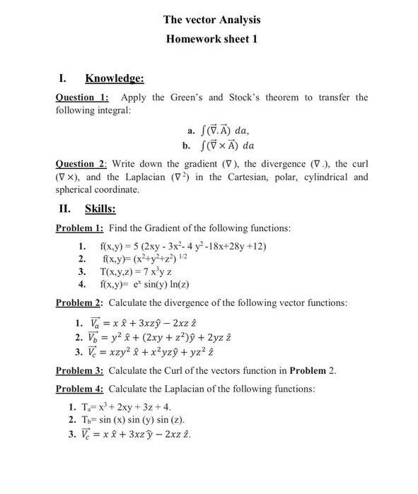 Solved The vector Analysis Homework sheet 1 I. Knowledge: | Chegg.com