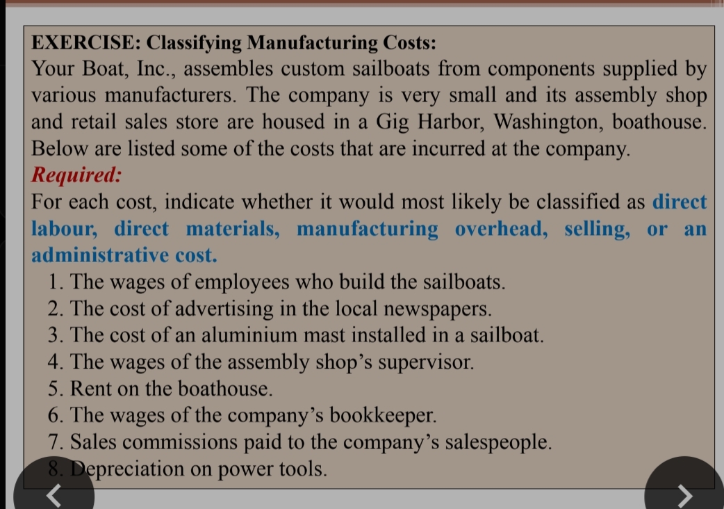 Solved EXERCISE: Classifying Manufacturing Costs:Your Boat, | Chegg.com