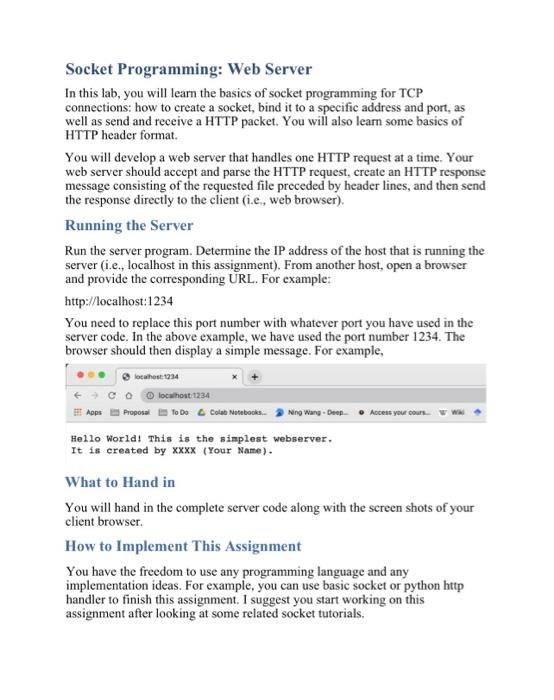 Socket Programming: Web Server In this lab, you will | Chegg.com